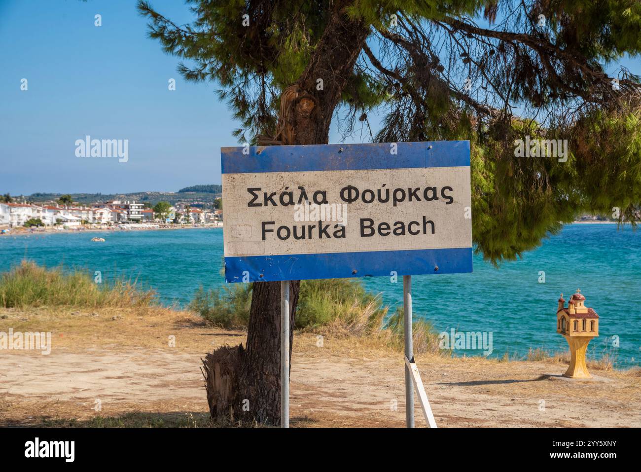 Table sign for Paralia Fourkas beach on Kassandra peninsula, Halkidiki ...