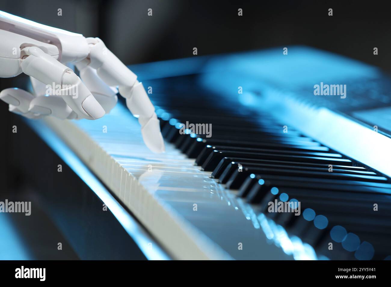 Artificial intelligence. Robot hand playing piano on dark background ...