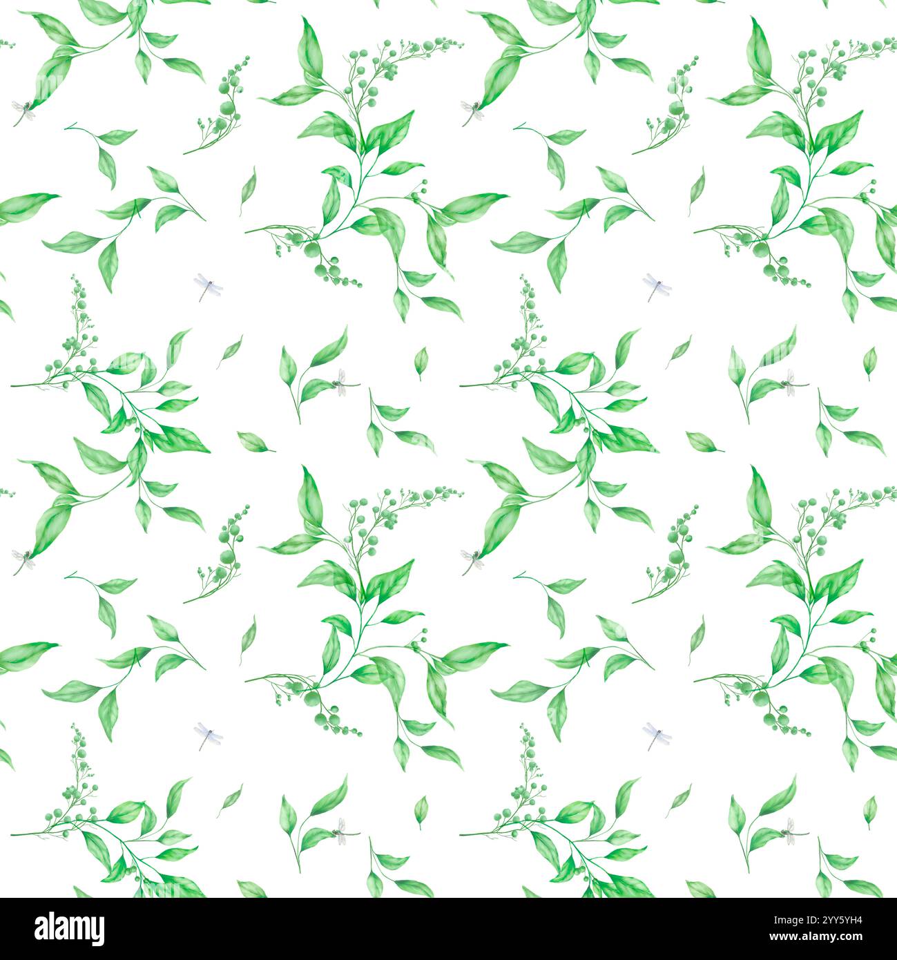 Twigs with green leaves and buds on a seamless pattern. Watercolor ...