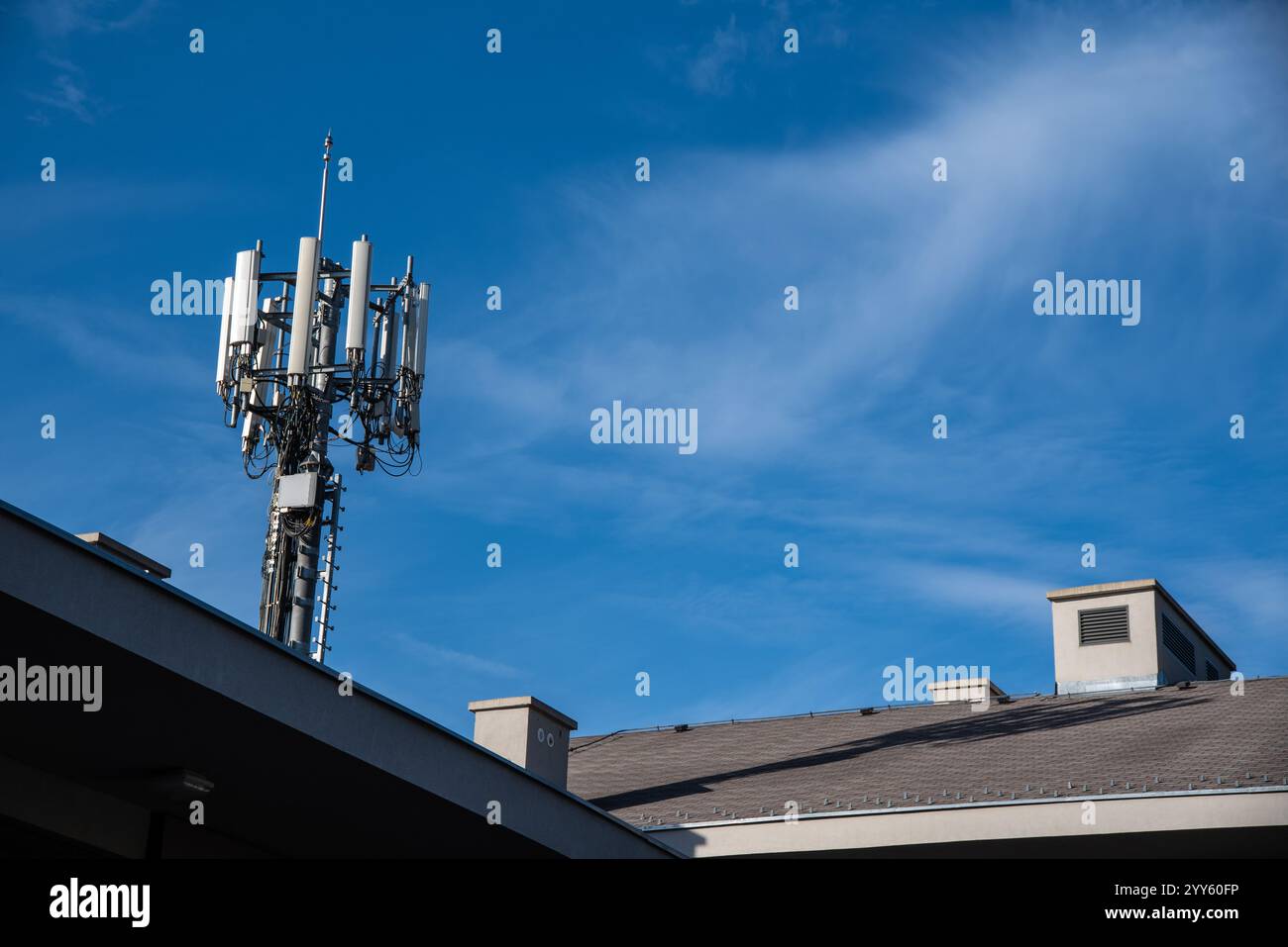 Technology on the top of the telecommunication GSM (5G,4G) tower. Cellular phone antennas on a ...
