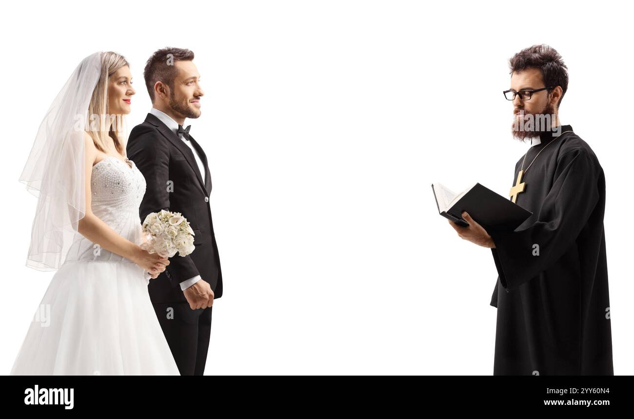 Wedding ceremony, priest marrying a bride and groom isolated on white ...