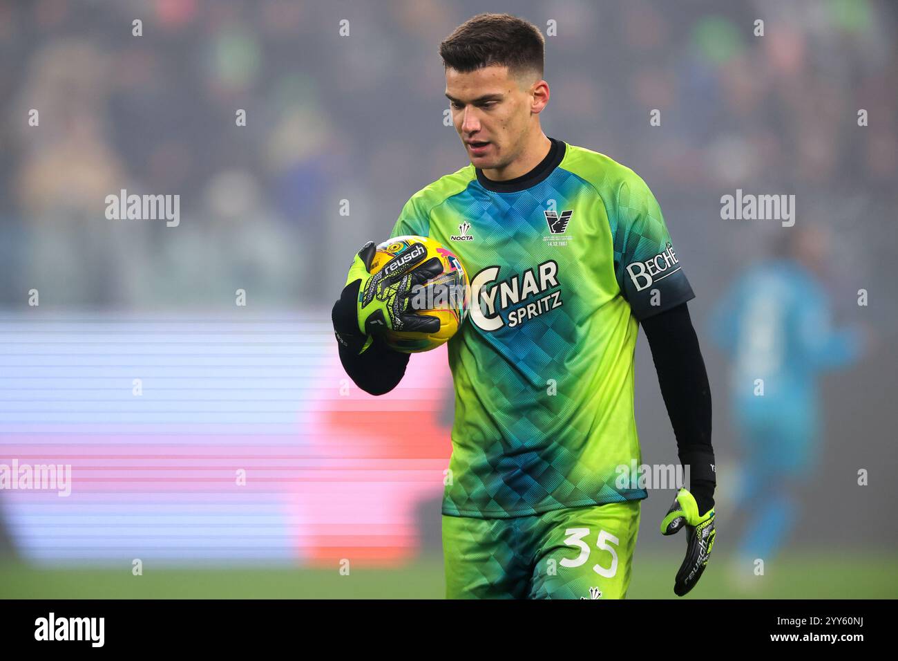 Turin, Italy. 14th Dec, 2024. Filip Stankovic of Venezia FC reacts ...