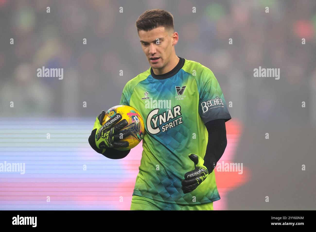 Turin, Italy. 14th Dec, 2024. Filip Stankovic of Venezia FC reacts ...