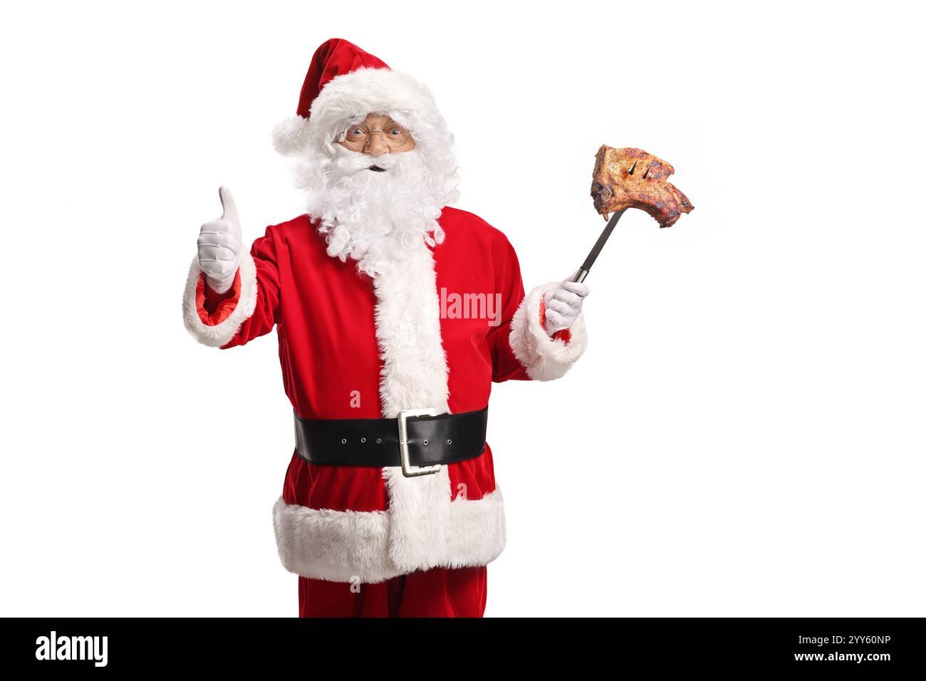 Santa claus holding a pork chop on a fork and gesturing thumbs up ...