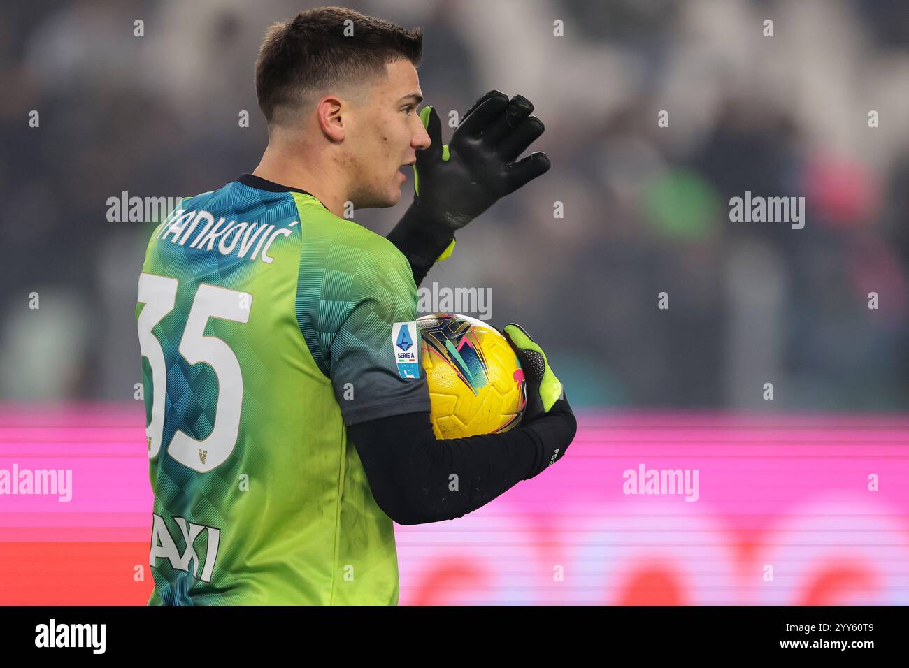 Turin, Italy. 14th Dec, 2024. Filip Stankovic of Venezia FC reacts ...