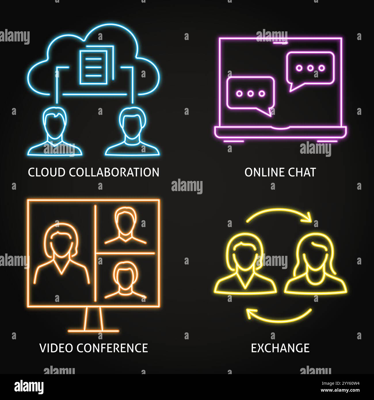 Remote teamwork neon icon set. Online collaboration, chat and video symbols, cloud document ...