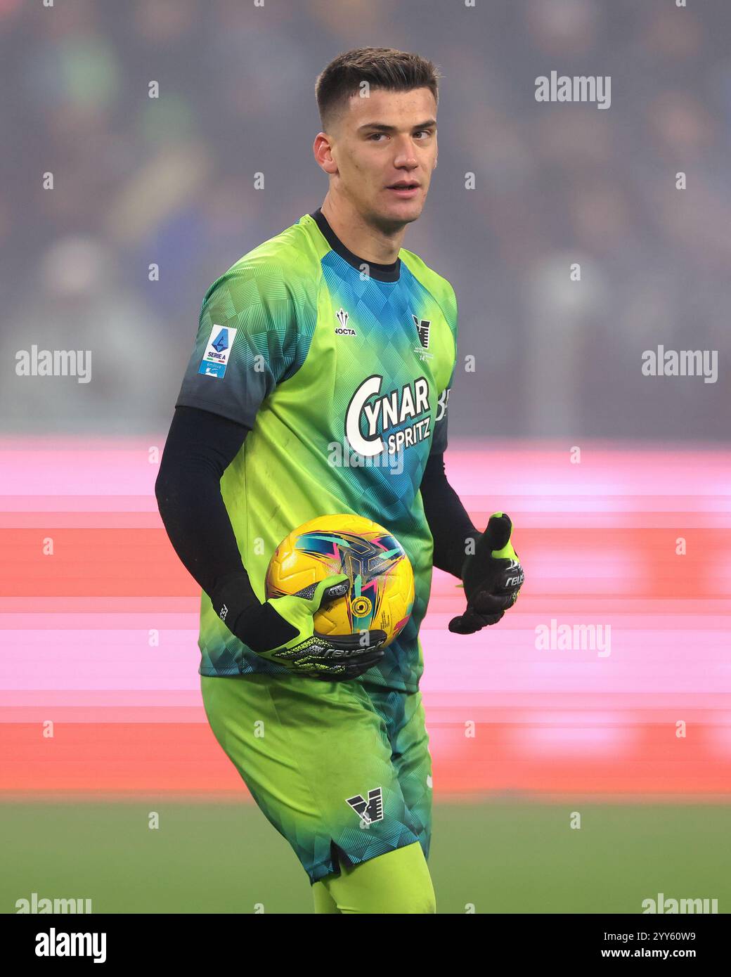 Turin, Italy. 14th Dec, 2024. Filip Stankovic of Venezia FC reacts ...