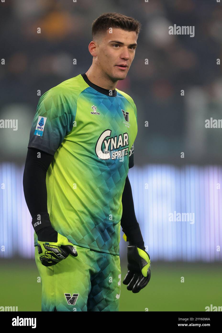 Turin, Italy. 14th Dec, 2024. Filip Stankovic of Venezia FC reacts ...