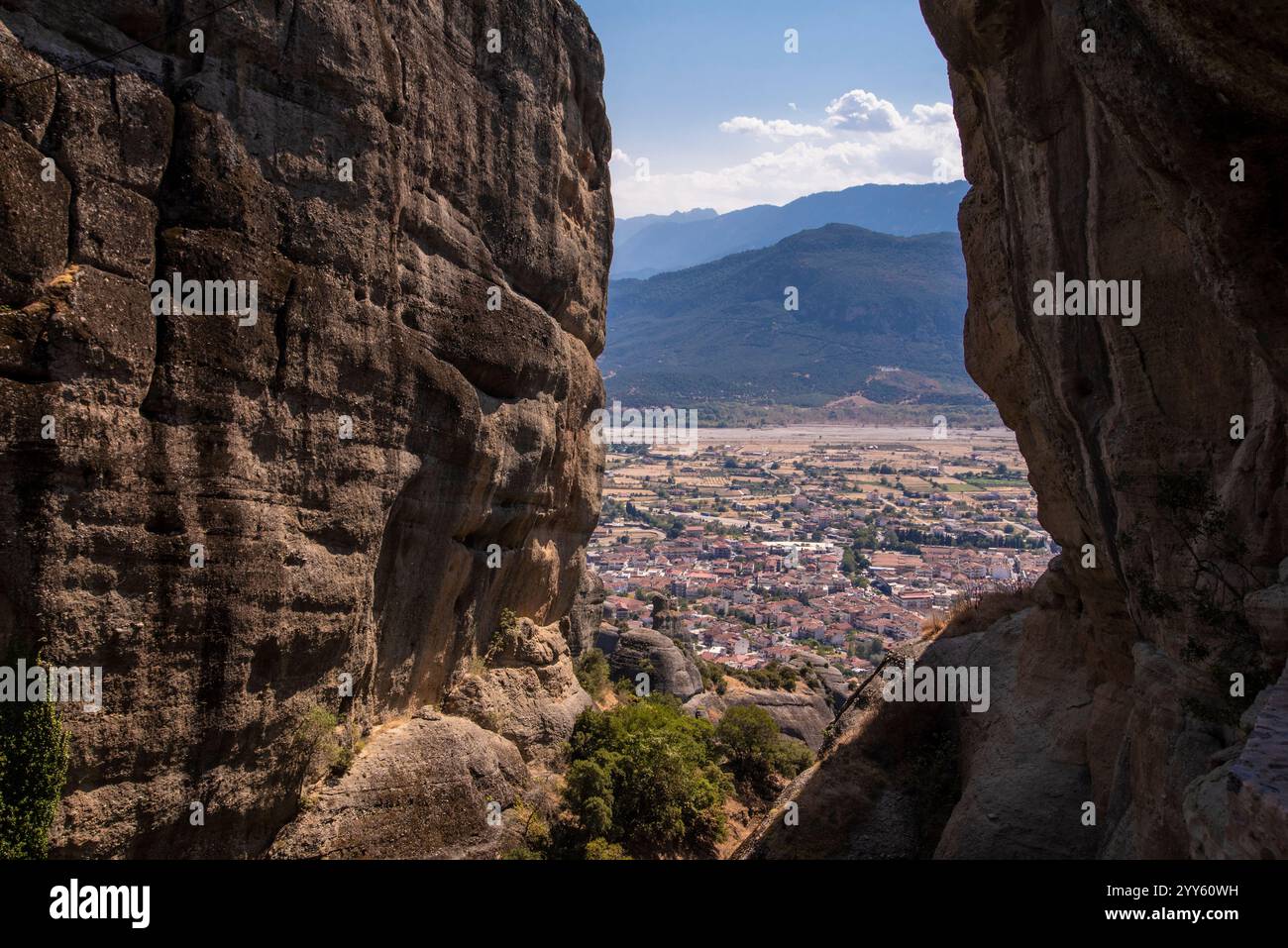 Beautiful scenic view of the small Kalabaka town on top of the cliff ...