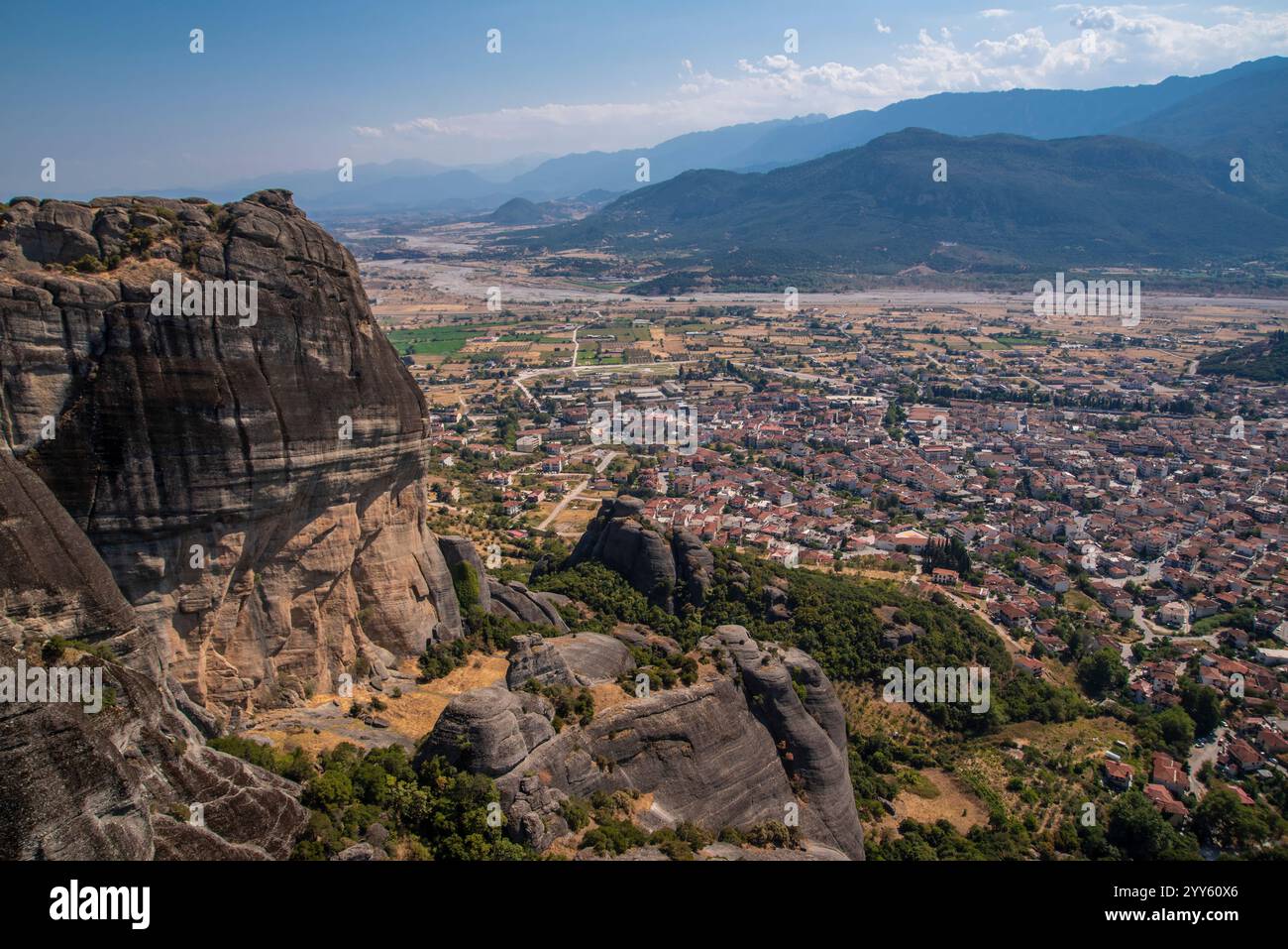 Beautiful scenic view of the small Kalabaka town on top of the cliff ...