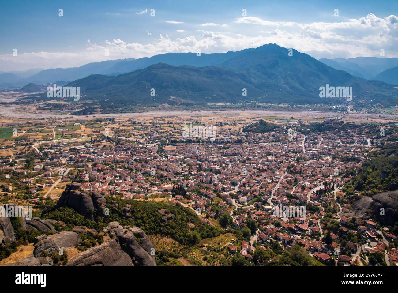 Beautiful scenic view of the small Kalabaka town on top of the cliff ...