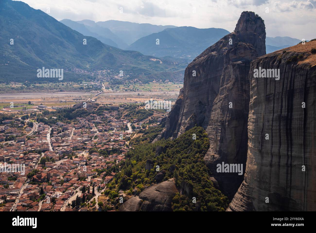 Beautiful scenic view of the small Kalabaka town on top of the cliff ...
