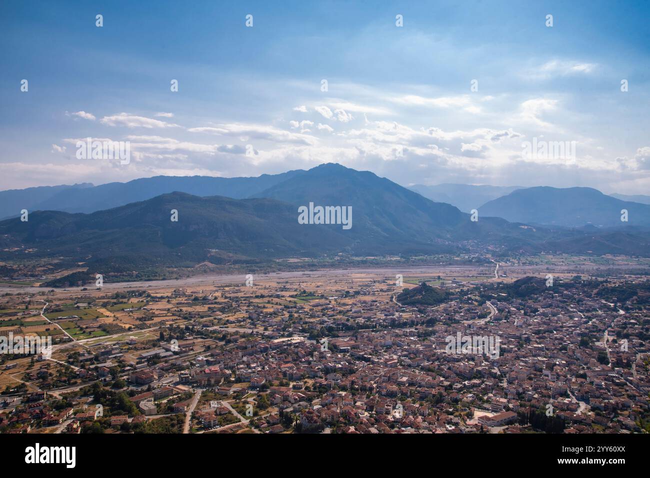 Beautiful scenic view of the small Kalabaka town on top of the cliff ...