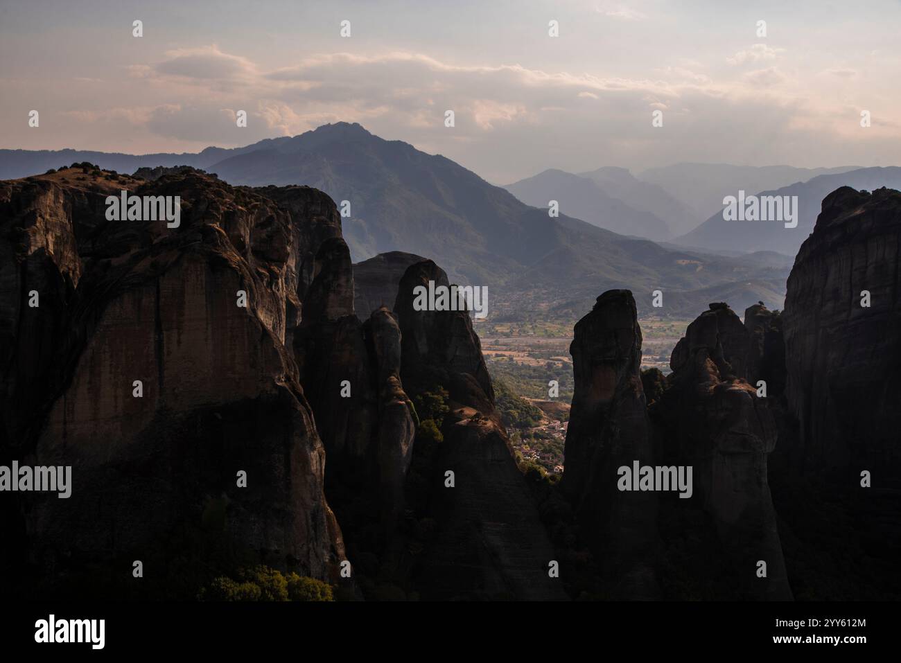 Beautiful scenic view of the small Kalabaka town on top of the cliff ...