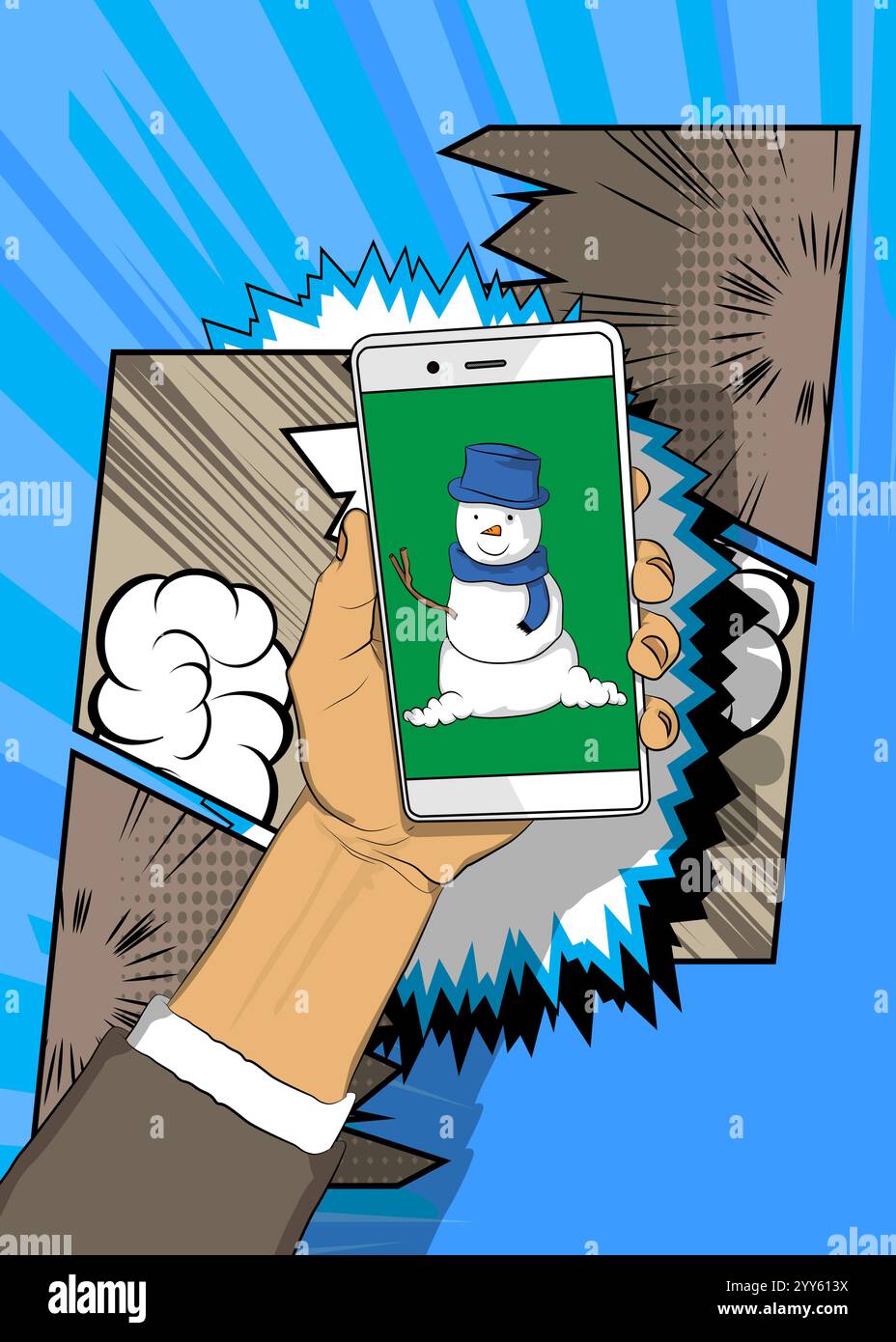 Cartoon Smartphone, comic book Telephone with Snowman. Retro vector ...