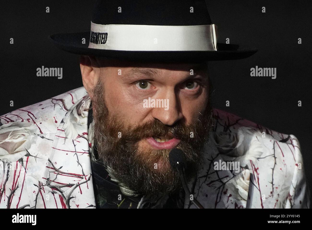 Boxer Tyson Fury speaks during a press conference in Riyadh, Saudi ...