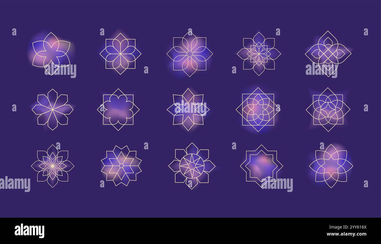 Collection of Arabic oriental floral vector elements with purple color ...
