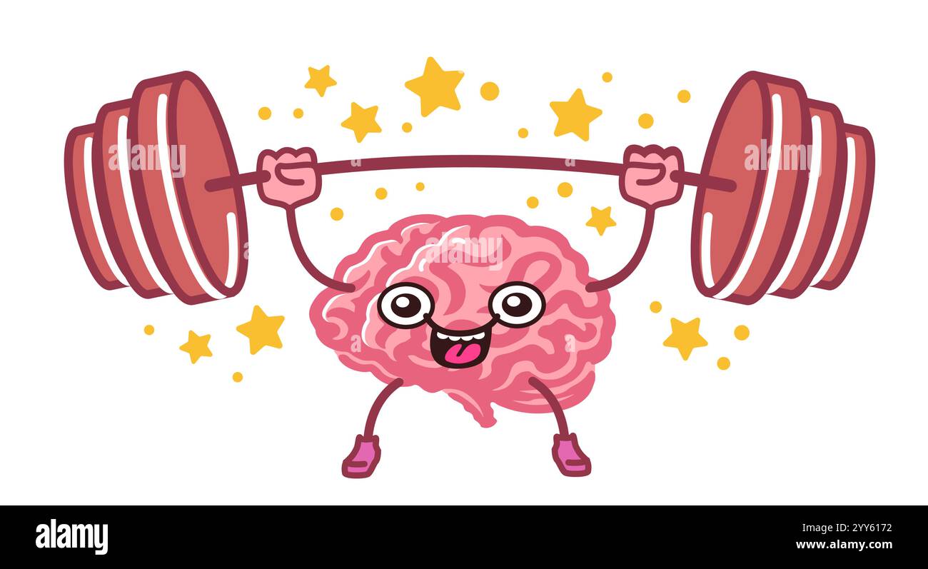Cute cartoon character human brain lifts heavy barbell weights. Funny ...