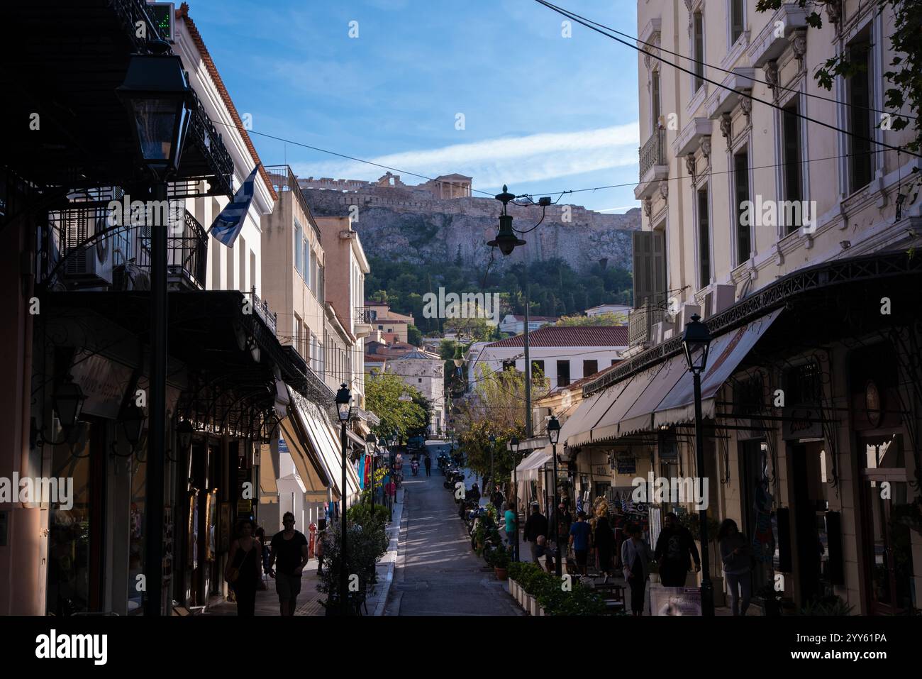 Beautiful scenic street photograph in Athens overlooking the Acropolis ...