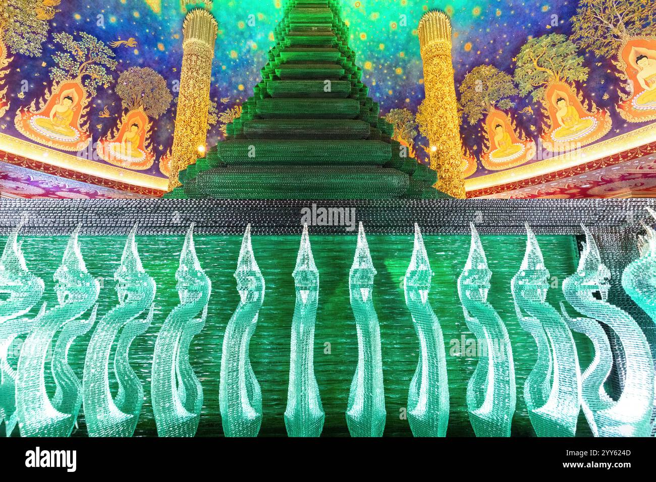 Emerald green glass pagoda decorated with serpent statues at its base ...