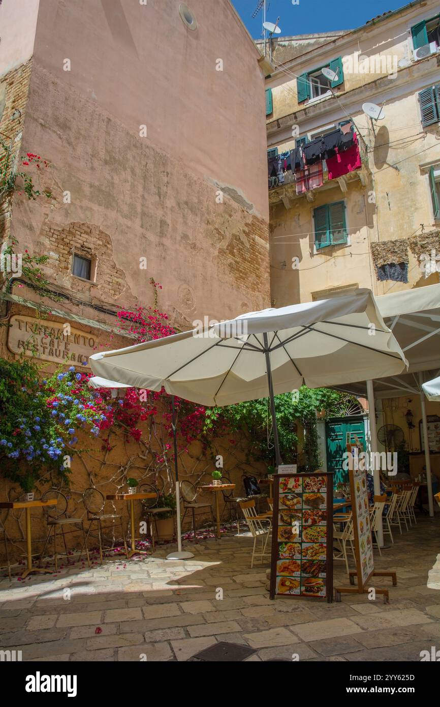 Corfu, Greece - June 6th 2024. A small back street cafe bar in the ...