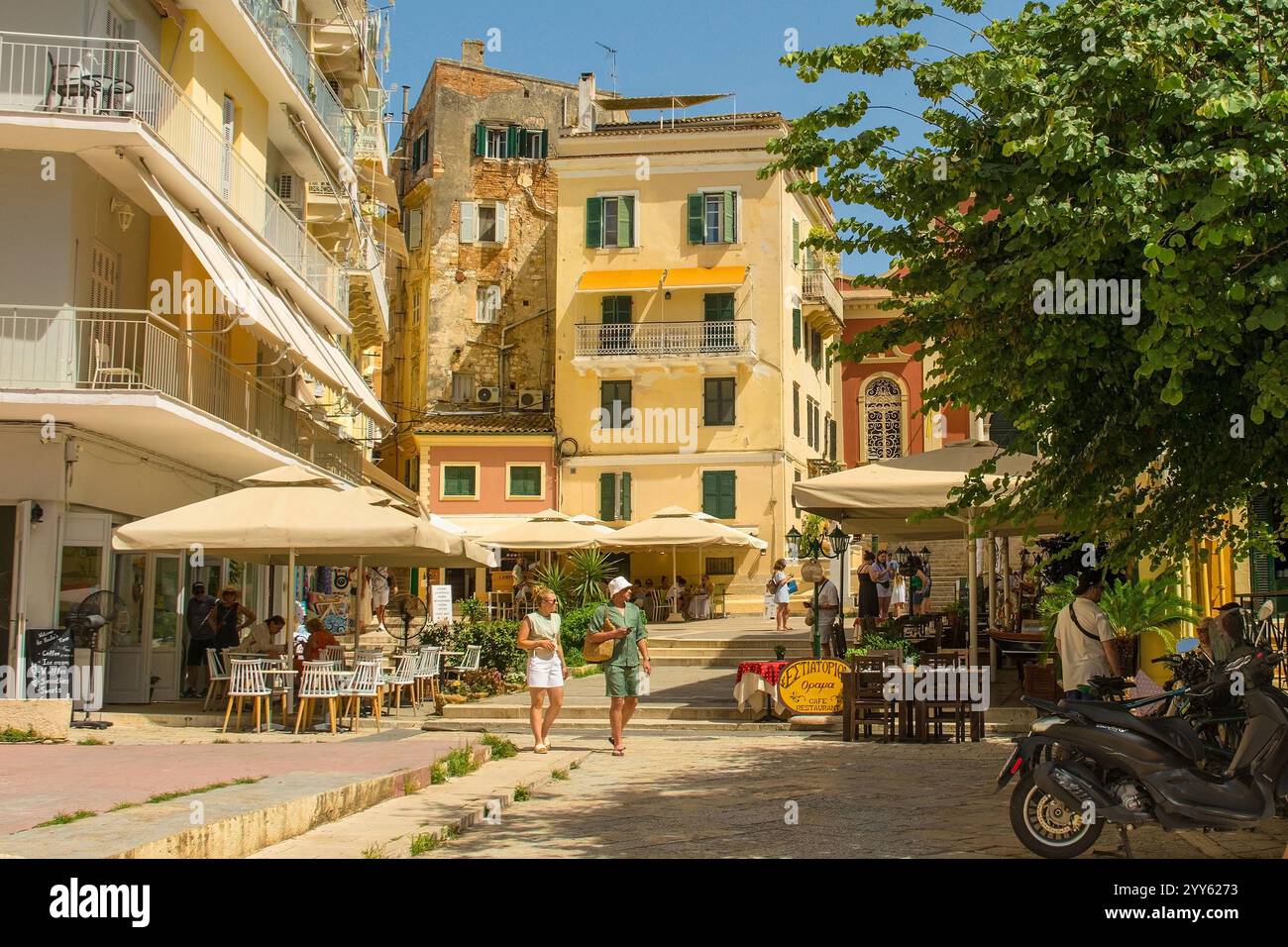 Corfu, Greece - June 6th 2024. Bars and restaurants in Mitropolis ...