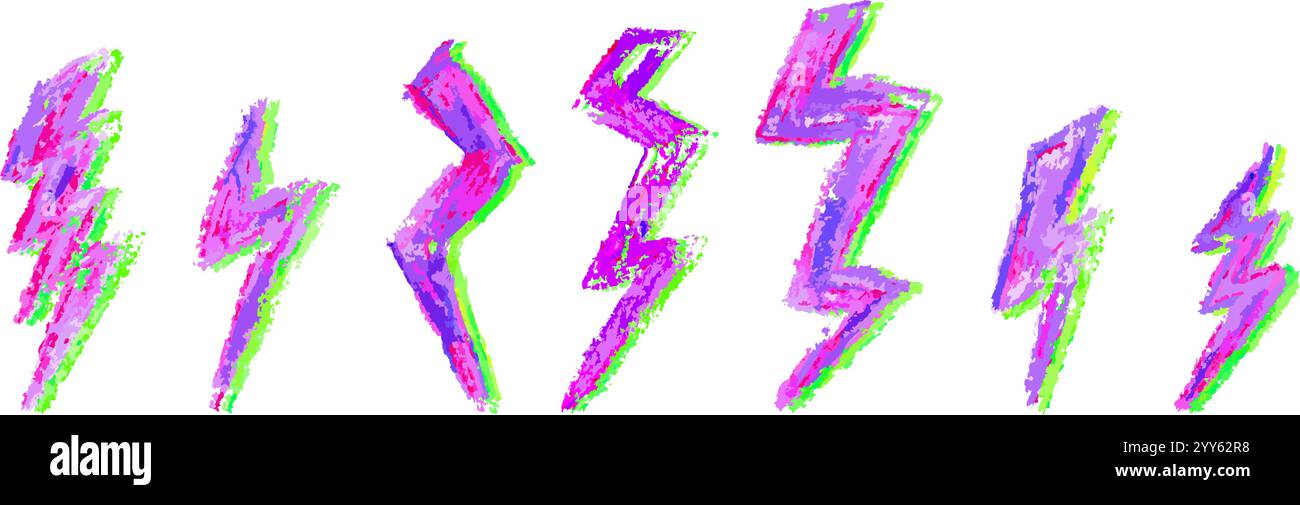 Set of lightning by wax pencil drawing. Collection of handdrawing chalk ...