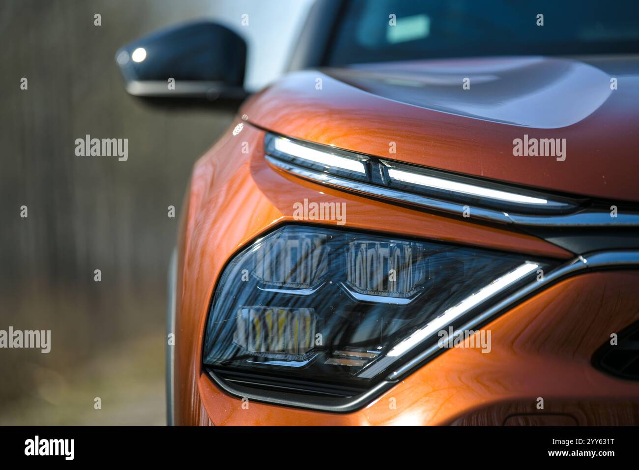 Front headlights and hood of orange modern prestigious car on nature ...