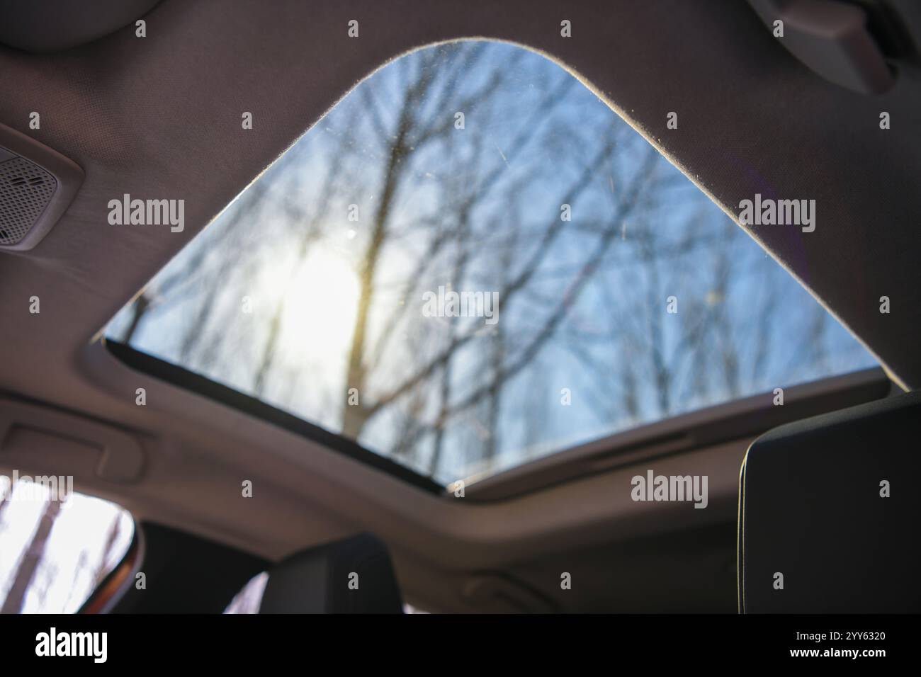 Blue sky and forest trees trough and open car sunroof. Closeup. Open ...