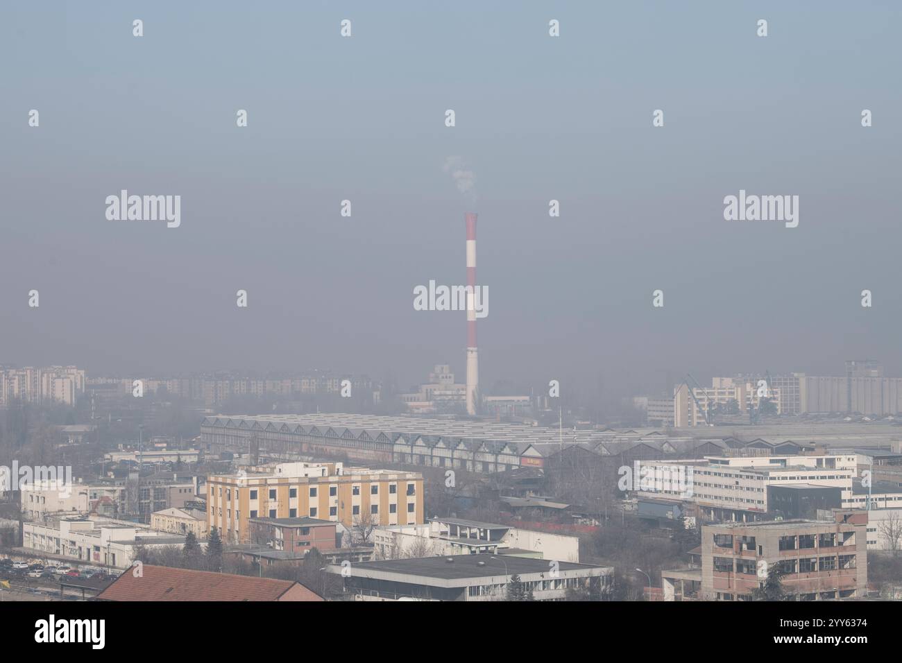 Smog lies over the skyline of Historical architecture of Belgrade city ...