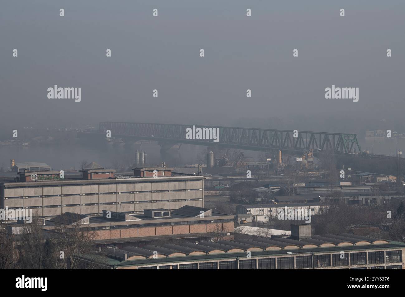 Smog lies over the skyline of Historical architecture of Belgrade city ...