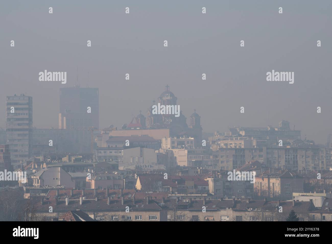 Smog lies over the skyline of Historical architecture of Belgrade city ...