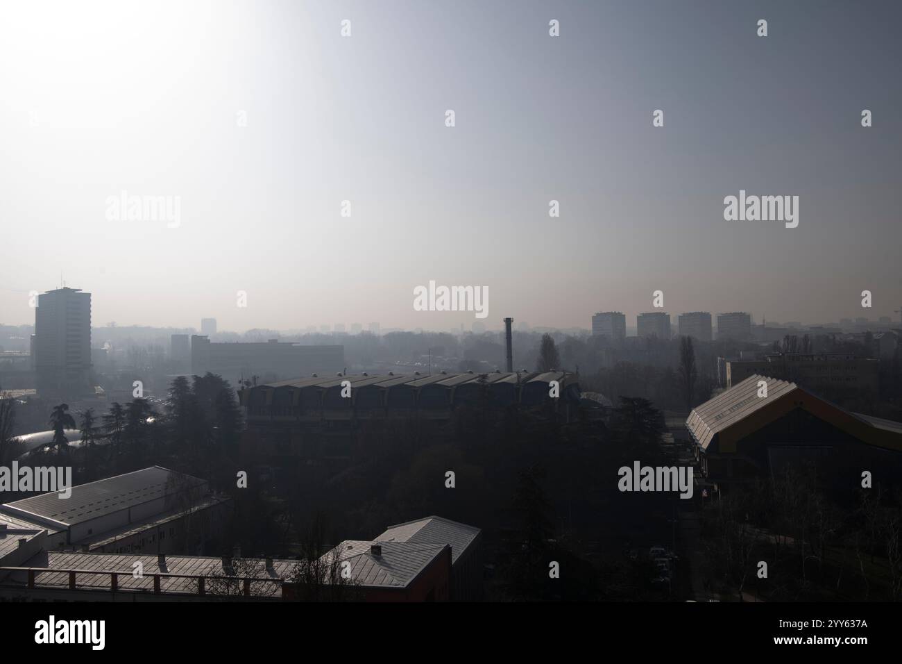 Smog lies over the skyline of Historical architecture of Belgrade city ...