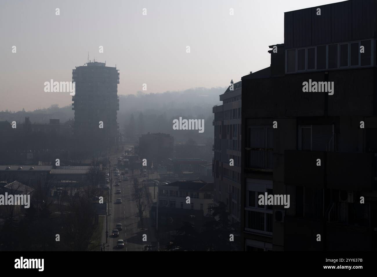 Smog lies over the skyline of Historical architecture of Belgrade city ...