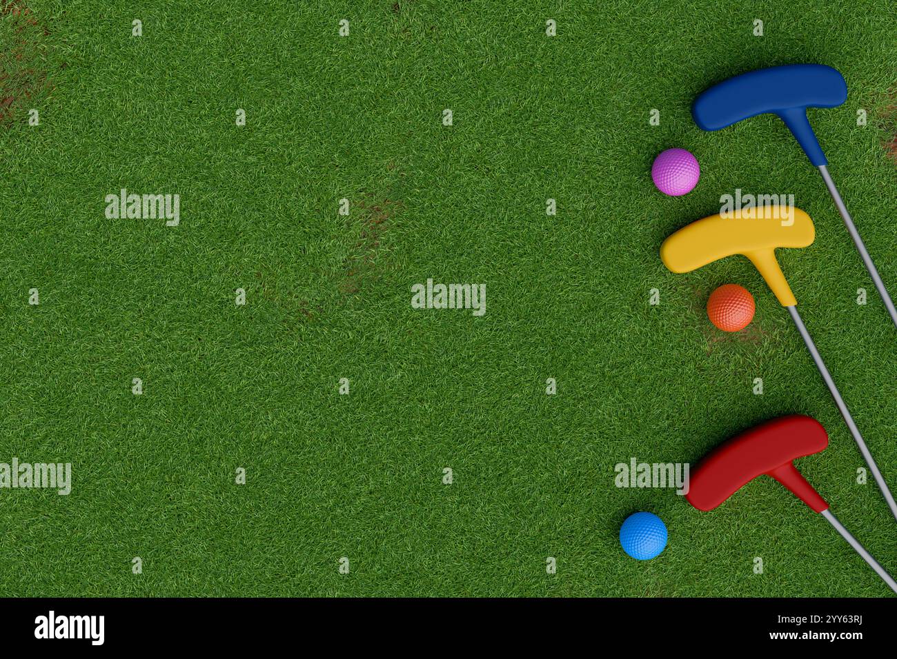 Colorful mini golf clubs and balls on green grass. Top view 3d ...