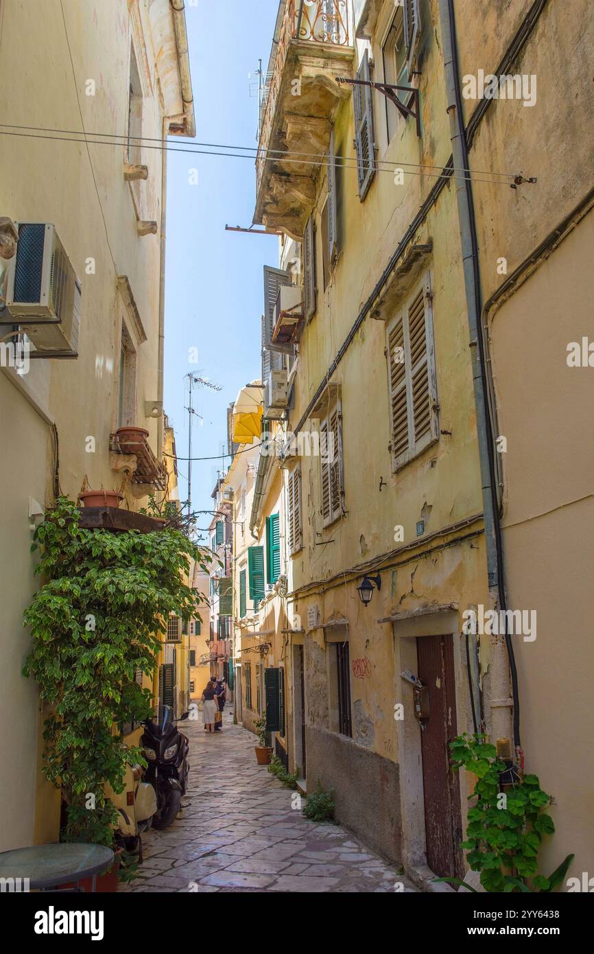 Corfu, Greece - June 6 2024. A street in the centre of Corfu Old Town ...