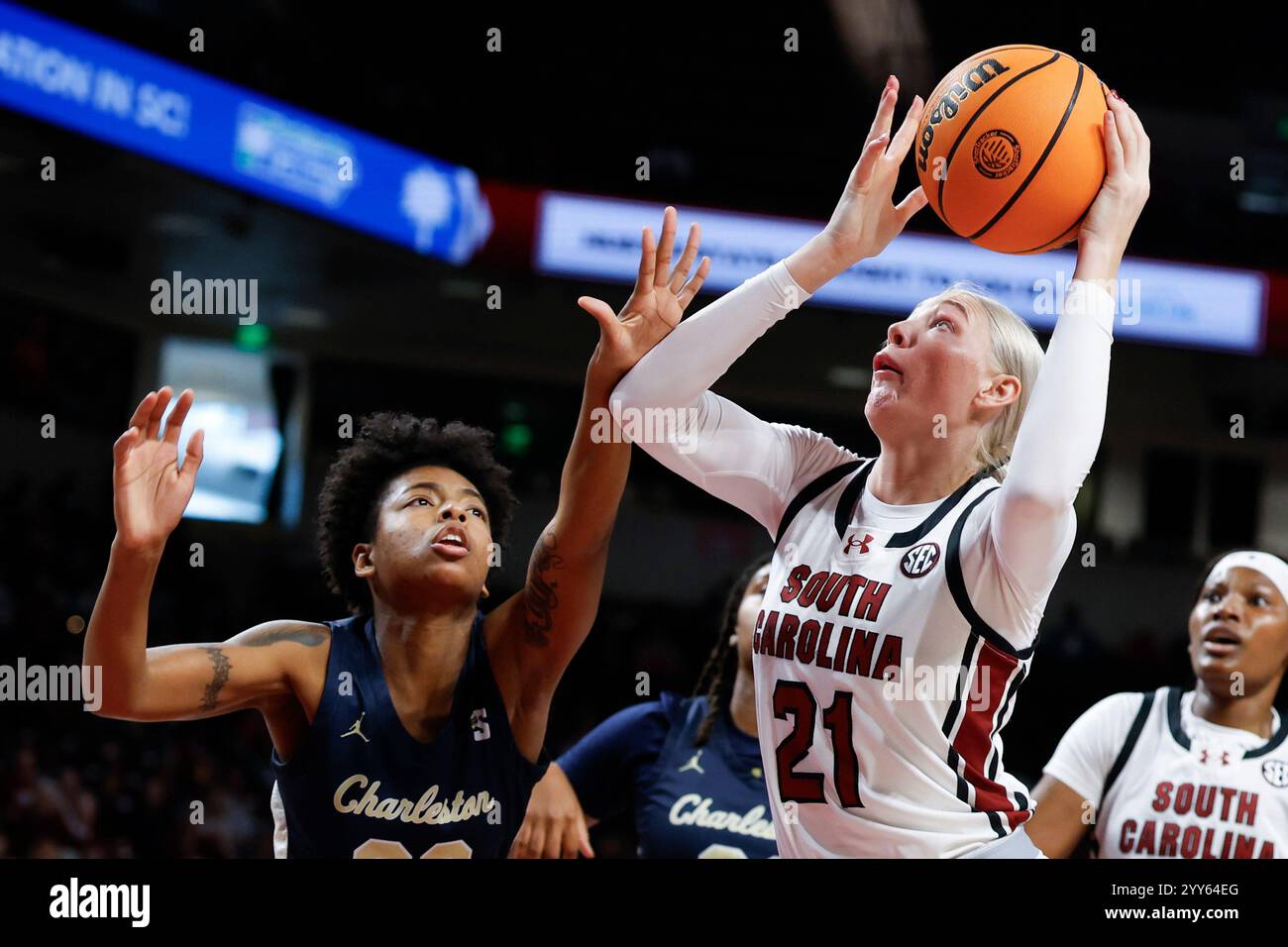 South Carolina forward Chloe Kitts (21) shoots over Charleston Southern ...