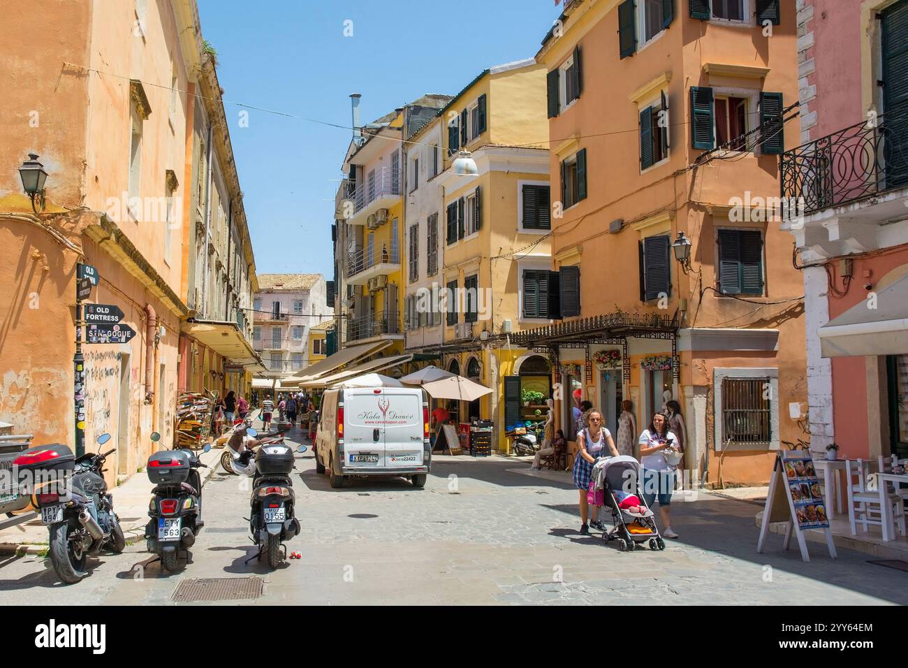 Corfu, Greece - June 6 2024. A street in the centre of Corfu Old Town ...