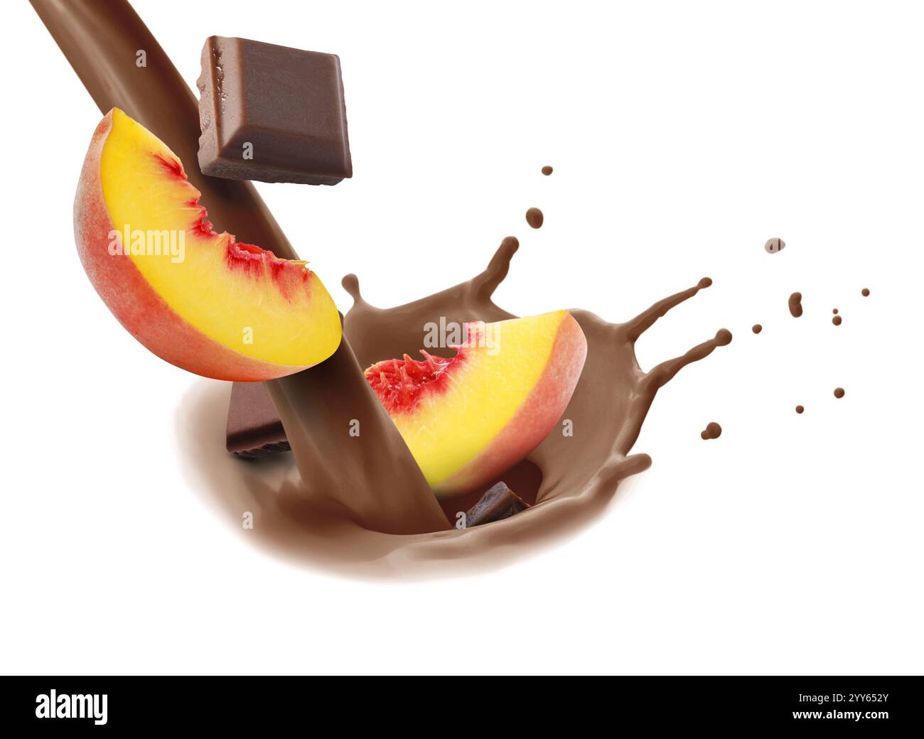 Pouring tasty milkshake with peach and pieces of chocolate on white ...