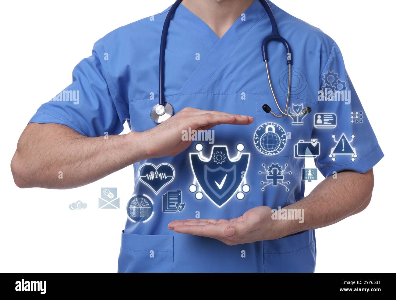 Medical privacy and confidentiality. Doctor and different icons on ...