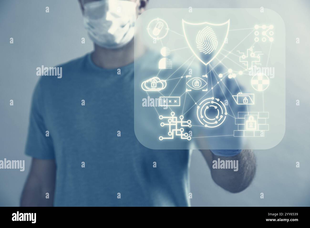 Doctor using virtual screen with different icons, closeup. Shield with ...