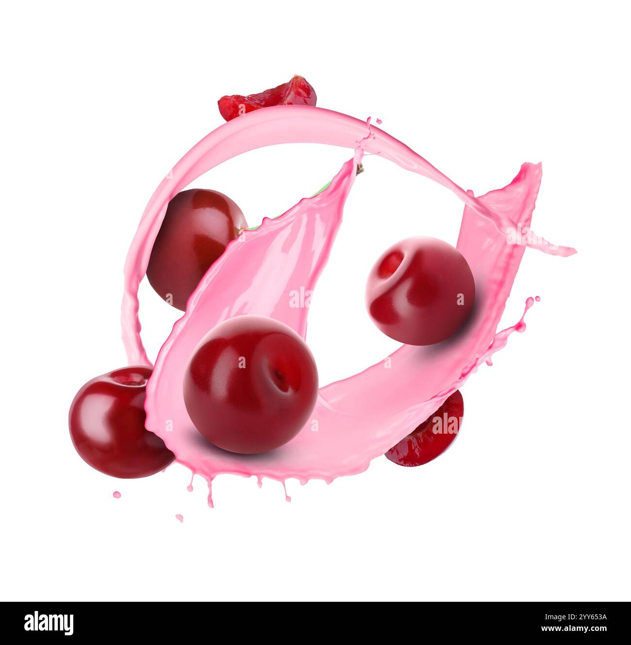 Cherry milkshake splash with berries in air on white background Stock ...