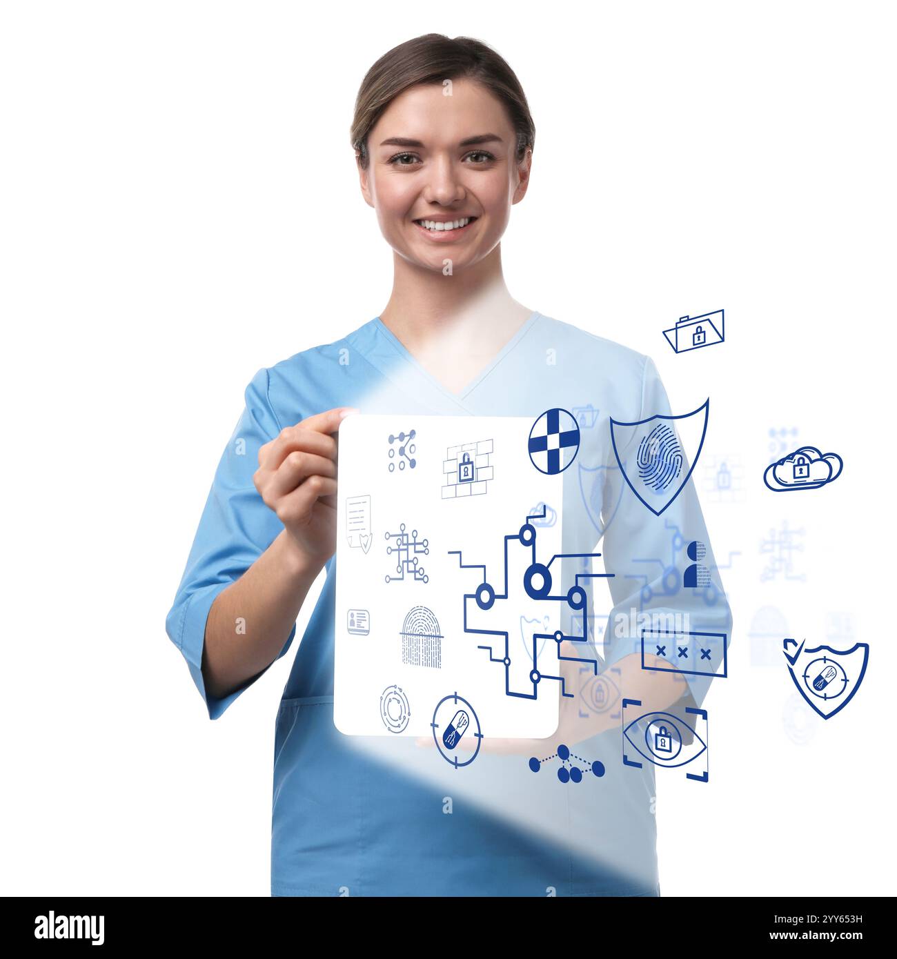 Medical privacy and confidentiality. Doctor holding tablet with ...