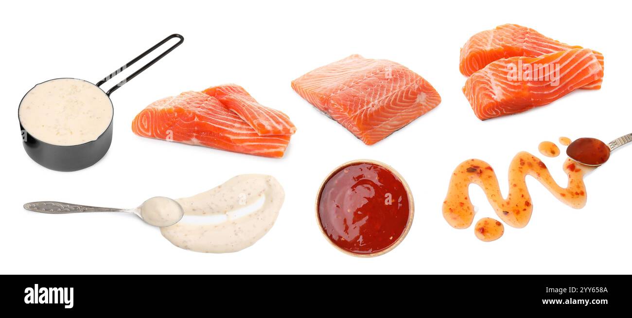 Different types of red fish marinade and salmon pieces on white ...