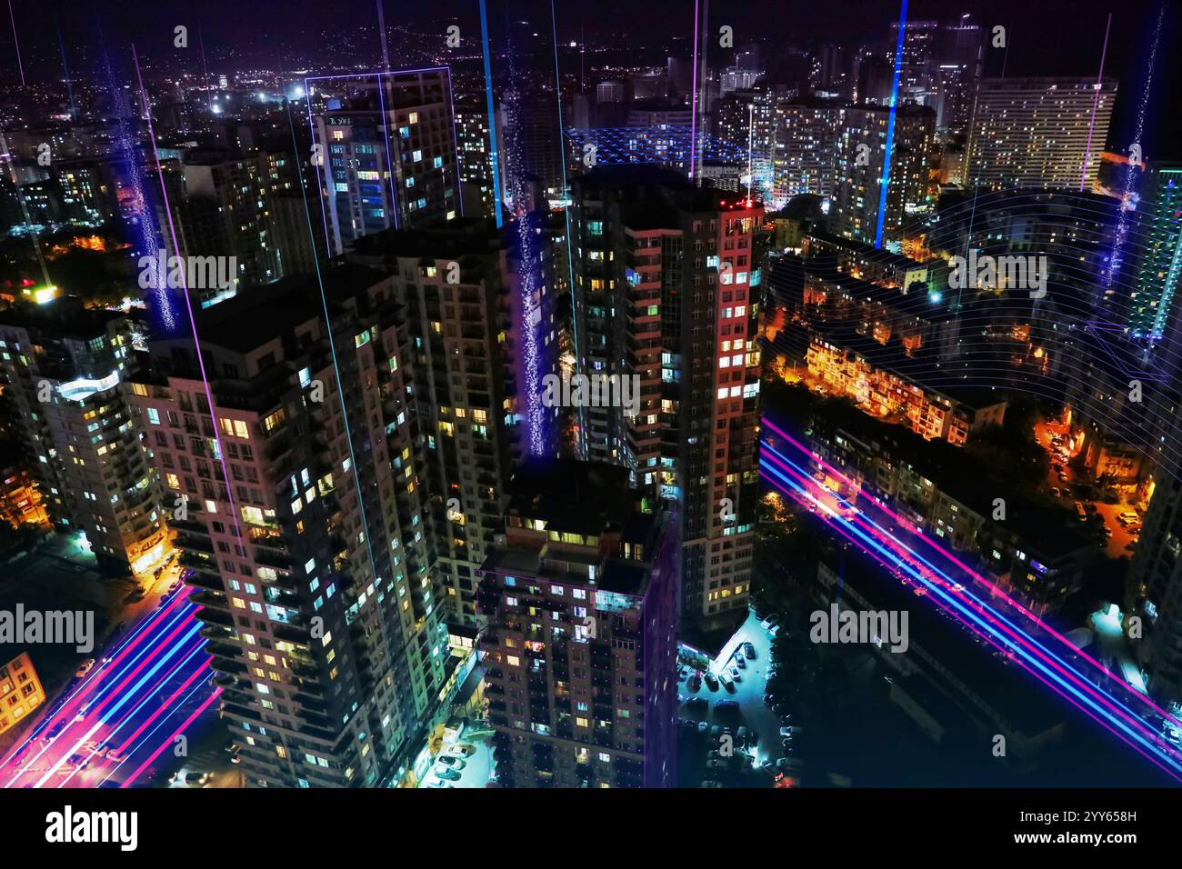 Smart city concept. Digital signals and patterns on buildings and ...