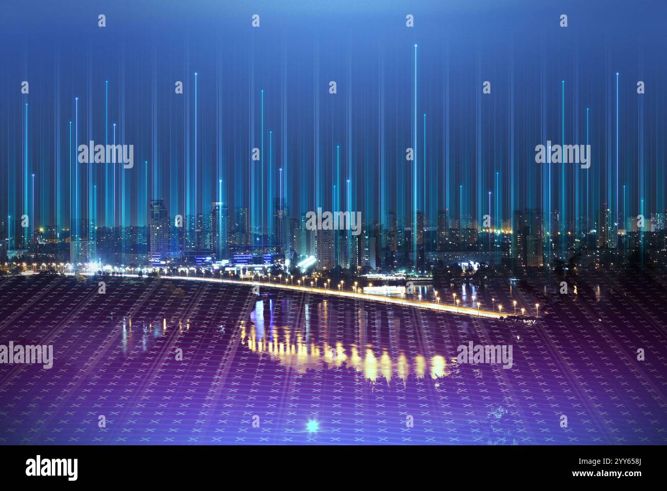 Smart city concept. Digital signals coming from buildings. Pattern ...