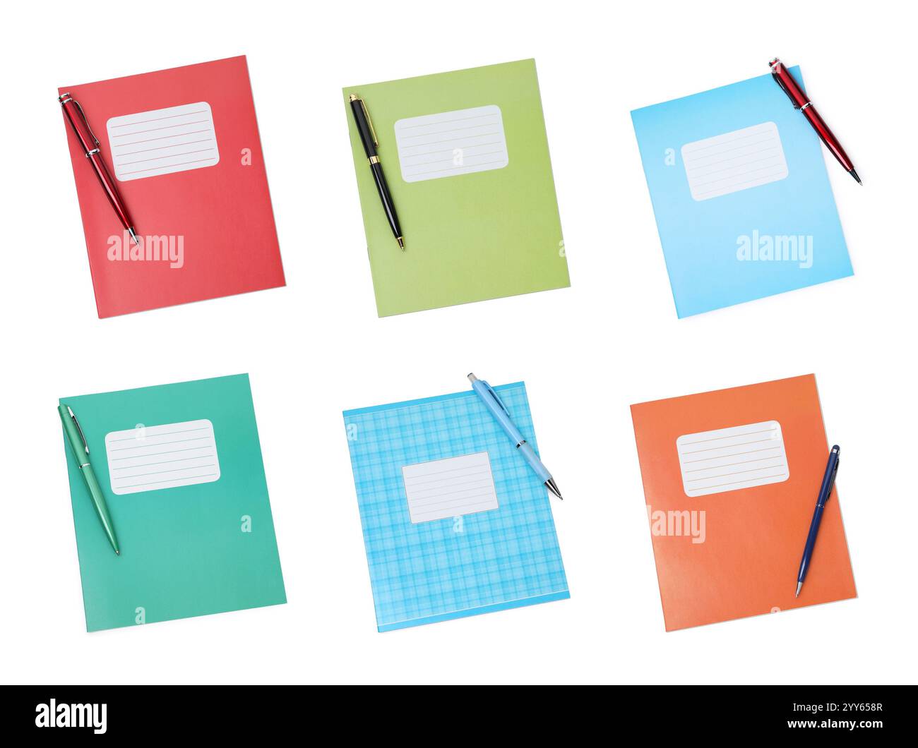 Set of many different notebooks and pens on white background, top view ...