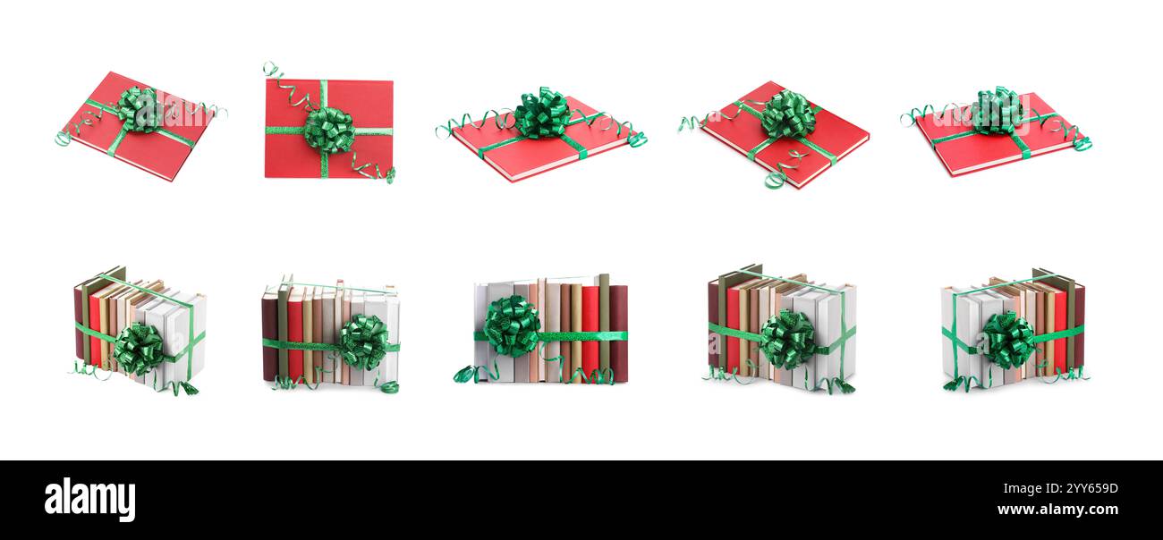 Books decorated with green bows isolated on white. Nice holiday gift ...