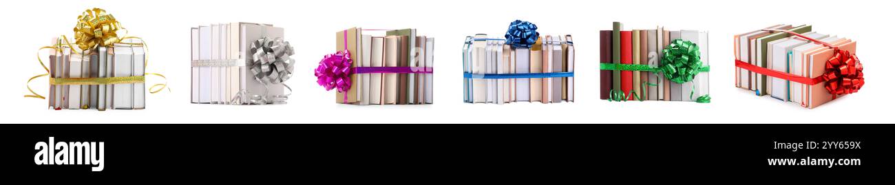 Stacked books decorated with bows isolated on white. Nice holiday gift ...
