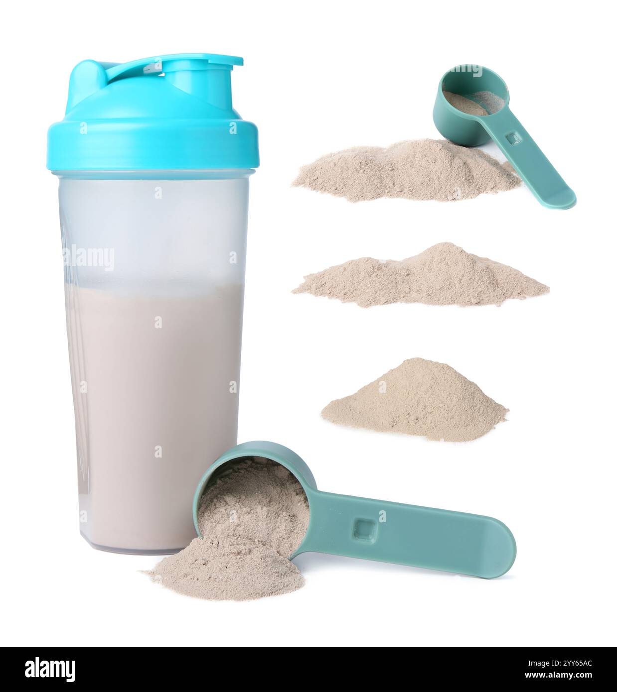 Protein powder, shaker and measuring scoop on white background, collage ...